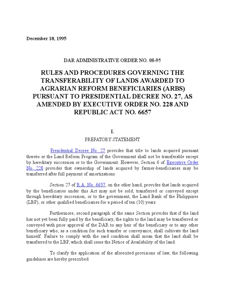 Guidelines on the Transferability of Lands Awarded to Agrarian Reform ...