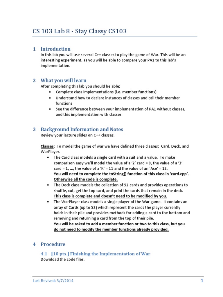 CS 103 Lab 8 - Stay Classy CS103: 4.1 (10 PTS.) Finishing The Implementation of War | PDF ...