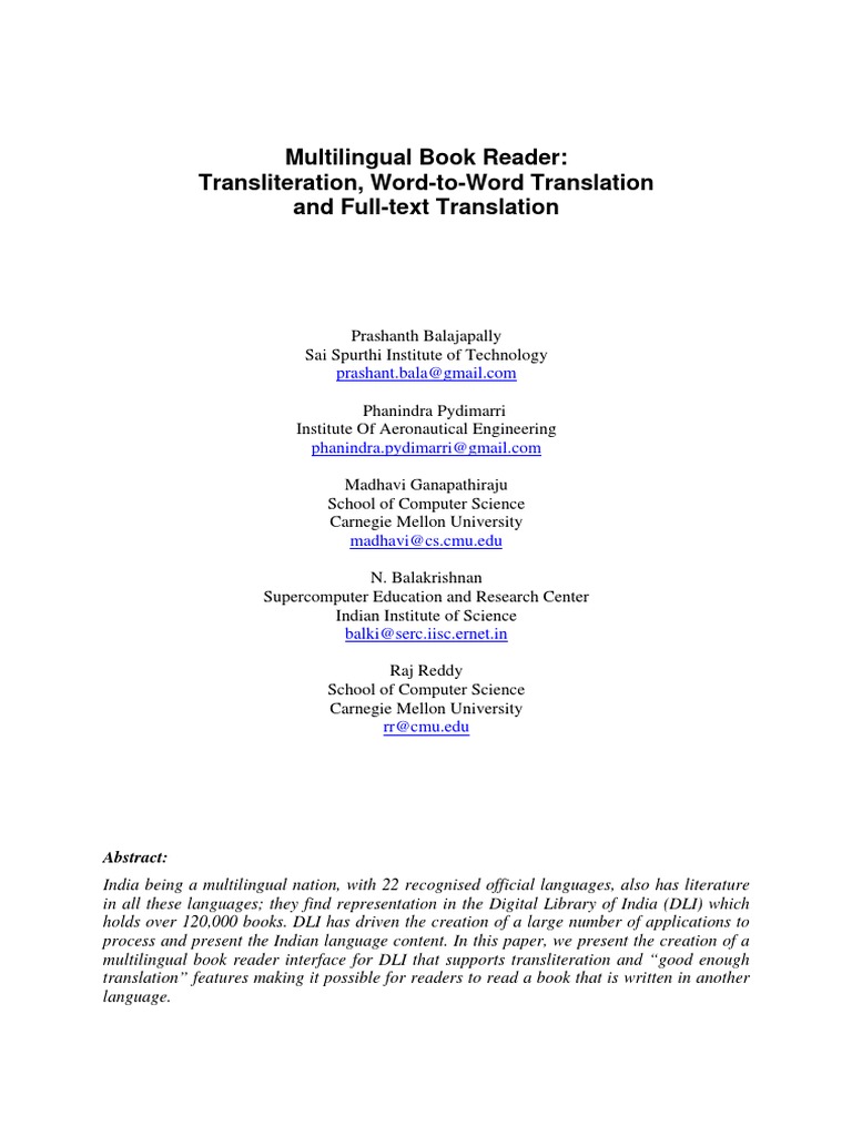 Multilingual Book Reader: Transliteration, Word-to-Word Translation and ...