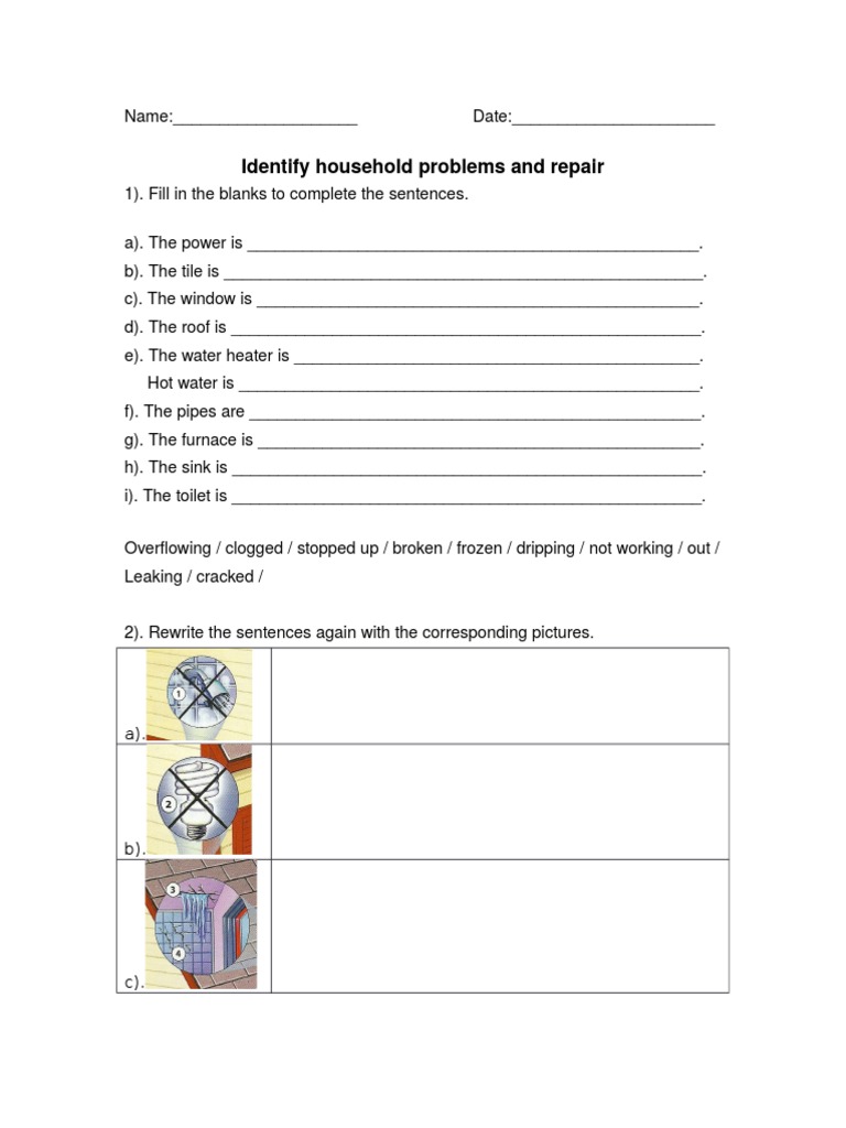 Household Problems Repairs Worksheet | PDF