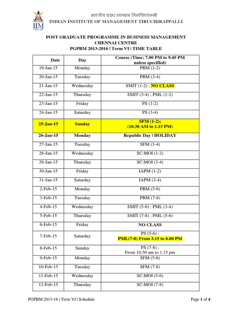 Revised Term VI Time Table As On 10 Jan | PDF