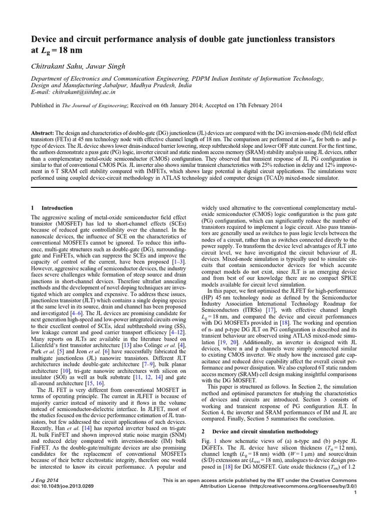 Device and Circuit Performance Analysis of Double Gate Junctionless Transistors at LG 18 NM ...