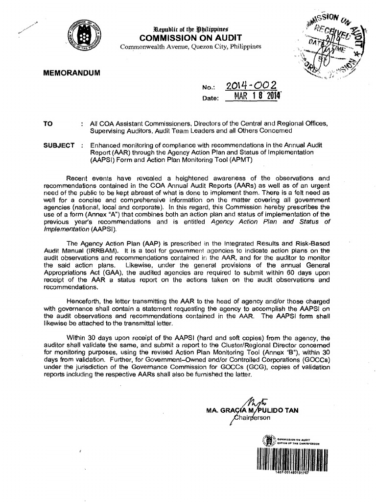 Coa Memo 2014 002 Aapsi | PDF