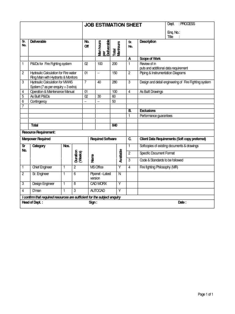 Fire Protection Man Hrs Calculation Sheet | PDF | Software | Engineering
