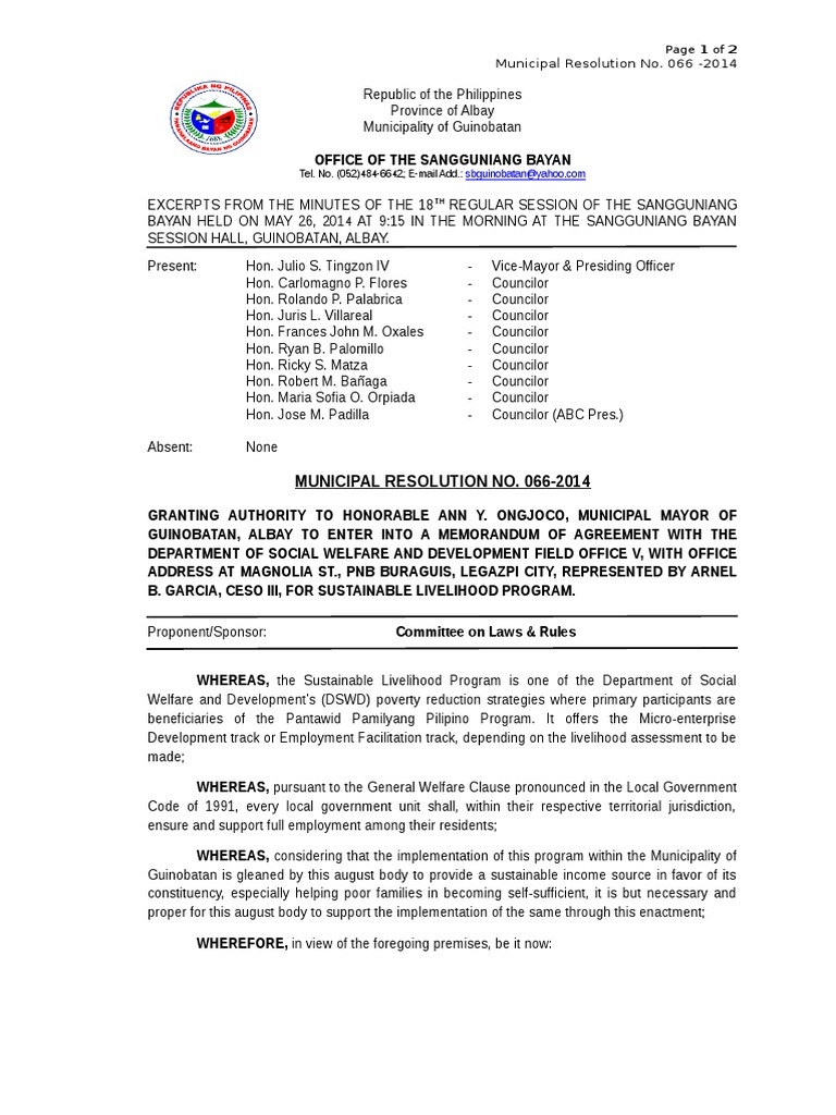 066-2014 Moa Sustainable Livelihood Program,_dswd | Public Law | Justice