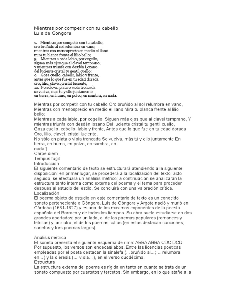 Mientras Por Competir Con Tu Cabello | PDF | Sonetos | Metro (poesía)