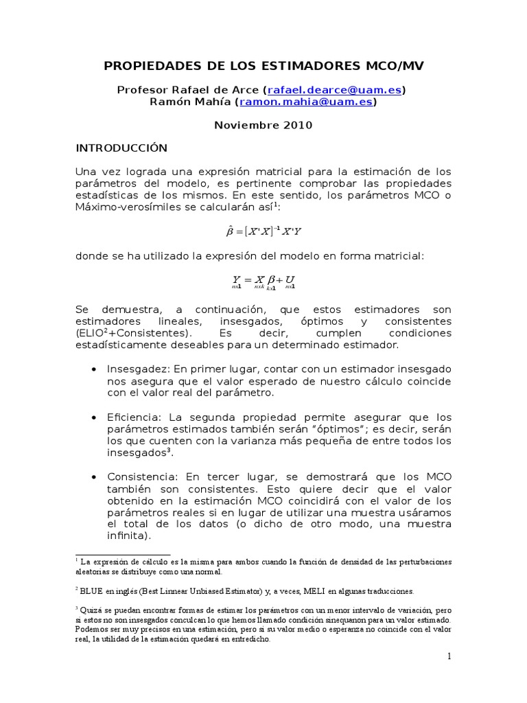Propiedades de Los Estimadores Mco-Mv | PDF | Estimador | Teoría estadística