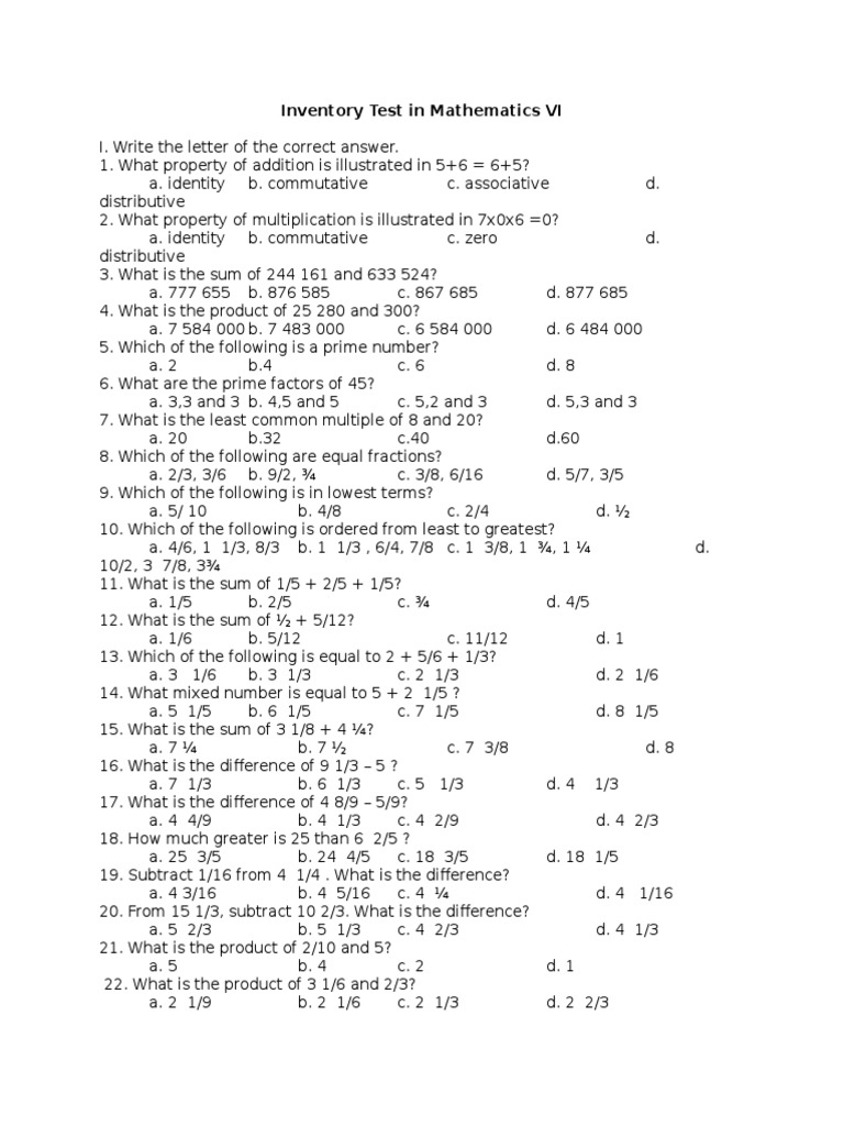 Inventory Test in Mathematics VI | PDF | Fraction (Mathematics) | Prime ...