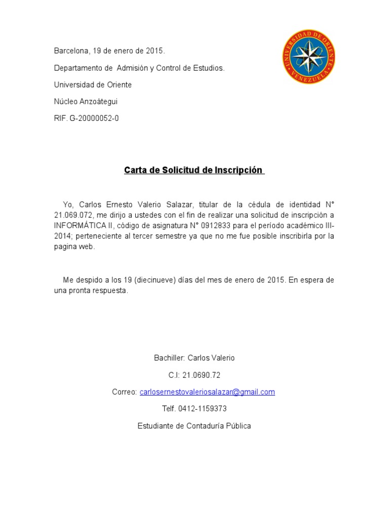 Carta de Inscripcion | PDF