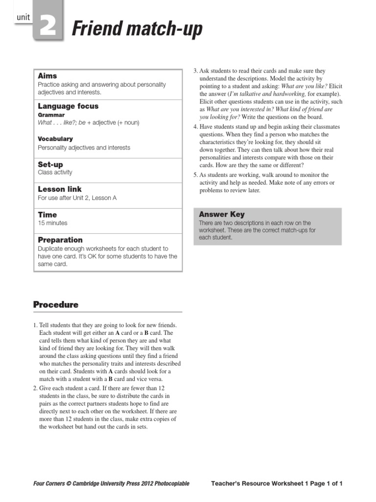 Four Corners 2 Worksheet, Personality Adjectives and Interests | PDF ...