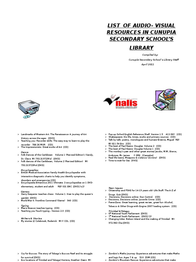 Cunupia Secondary School Library Audio-Visual Resources Catalogue 2011 ...