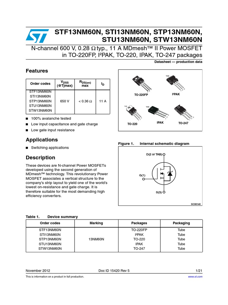 13 NM 60 N | PDF | Field Effect Transistor | Mosfet