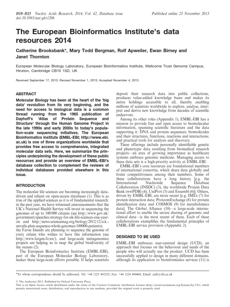 An Overview of the European Bioinformatics Institute's Diverse Collection of Integrated ...