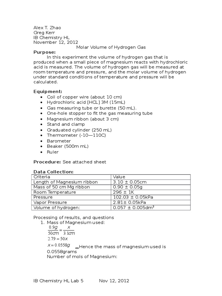 Lab 5 - Molar Volume of Hydrogen Gas | PDF | Teaching Methods ...