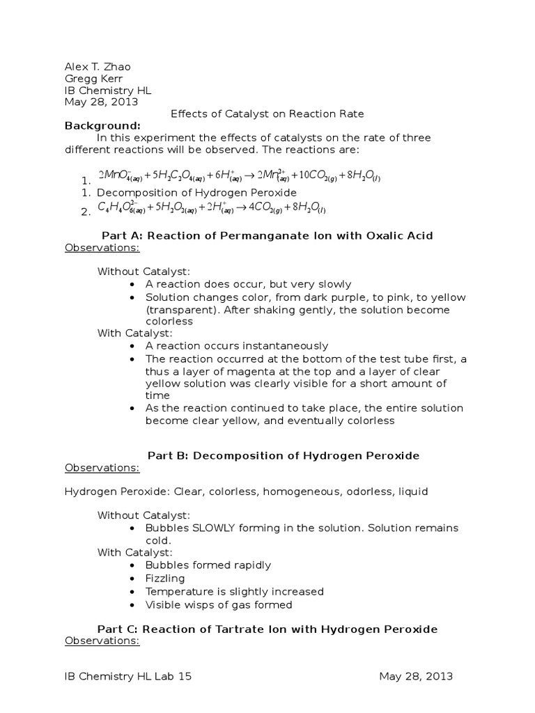 Lab 15 - Effects of Catalyst On Reaction Rate | PDF | Catalysis ...