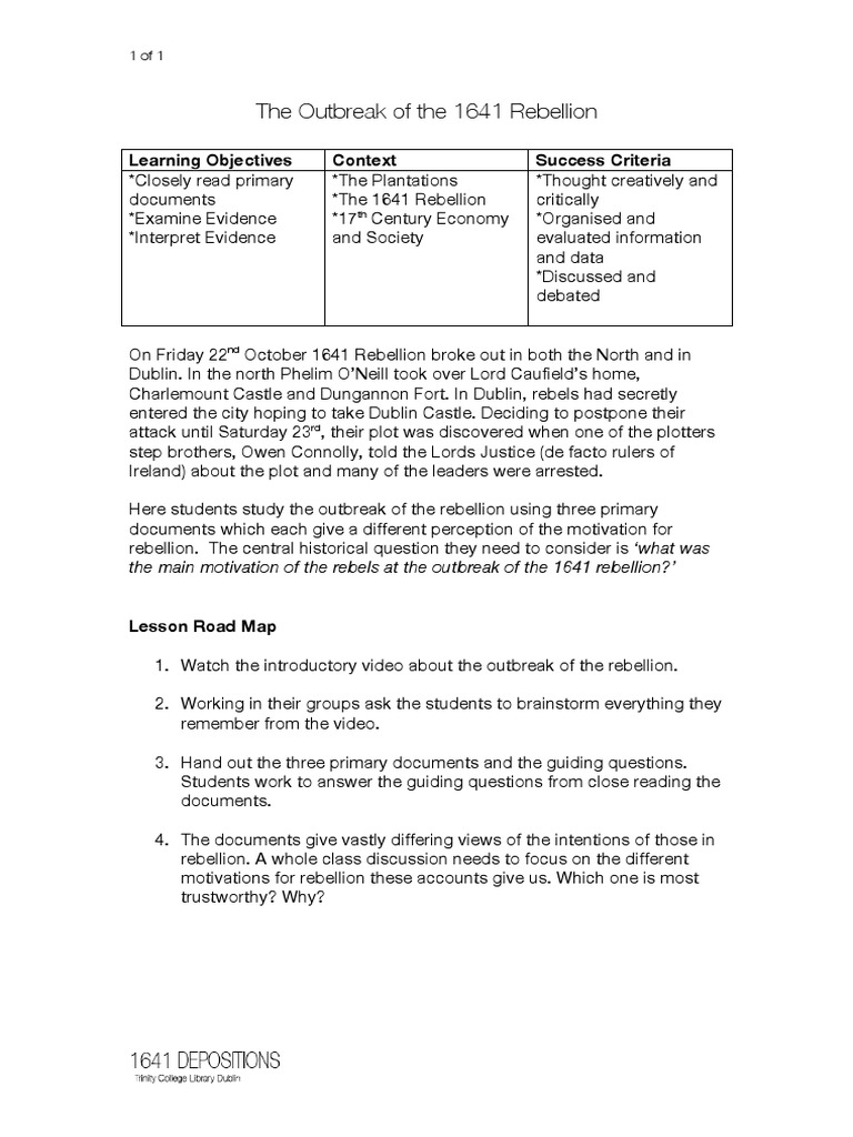 The Outbreak of The 1641 Rebellion - Lesson Roadmap | PDF