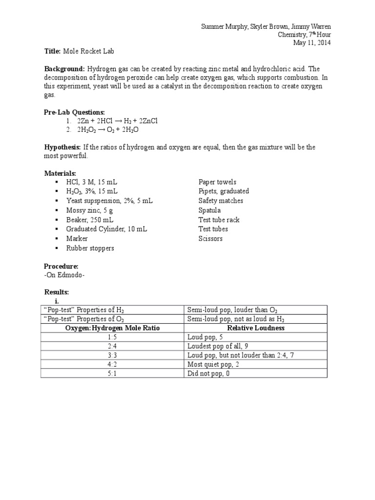Mole Rocket Lab 1 | PDF | Hydrogen | Oxygen