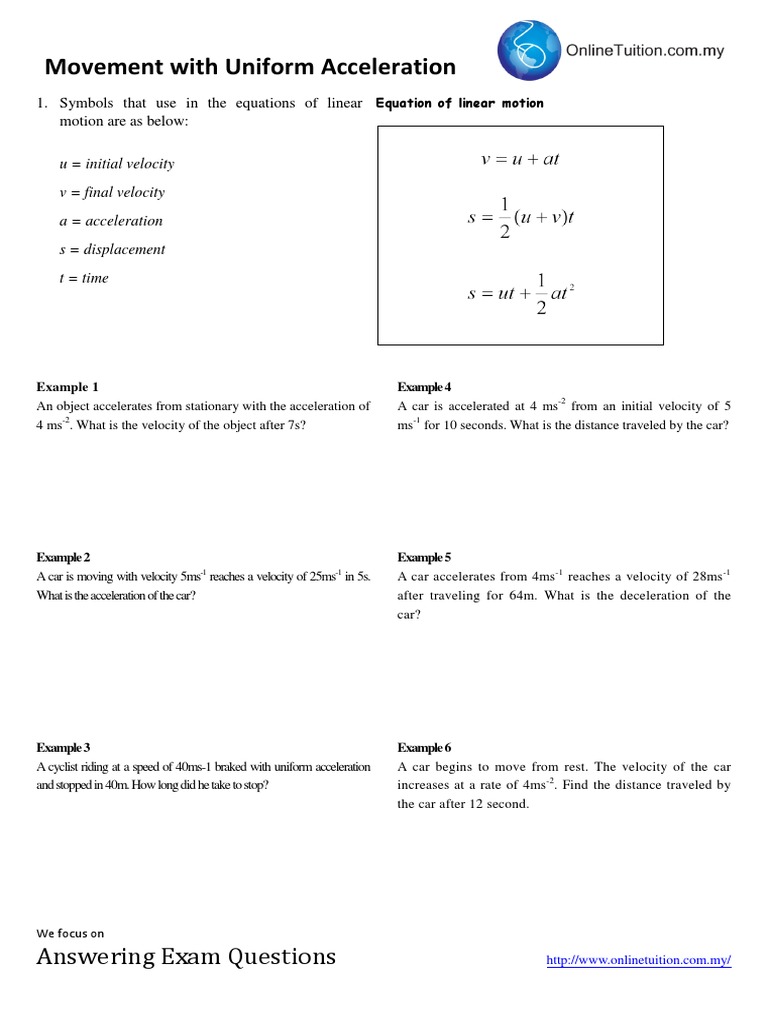 Uniform Acceleration Motion Examples | PDF