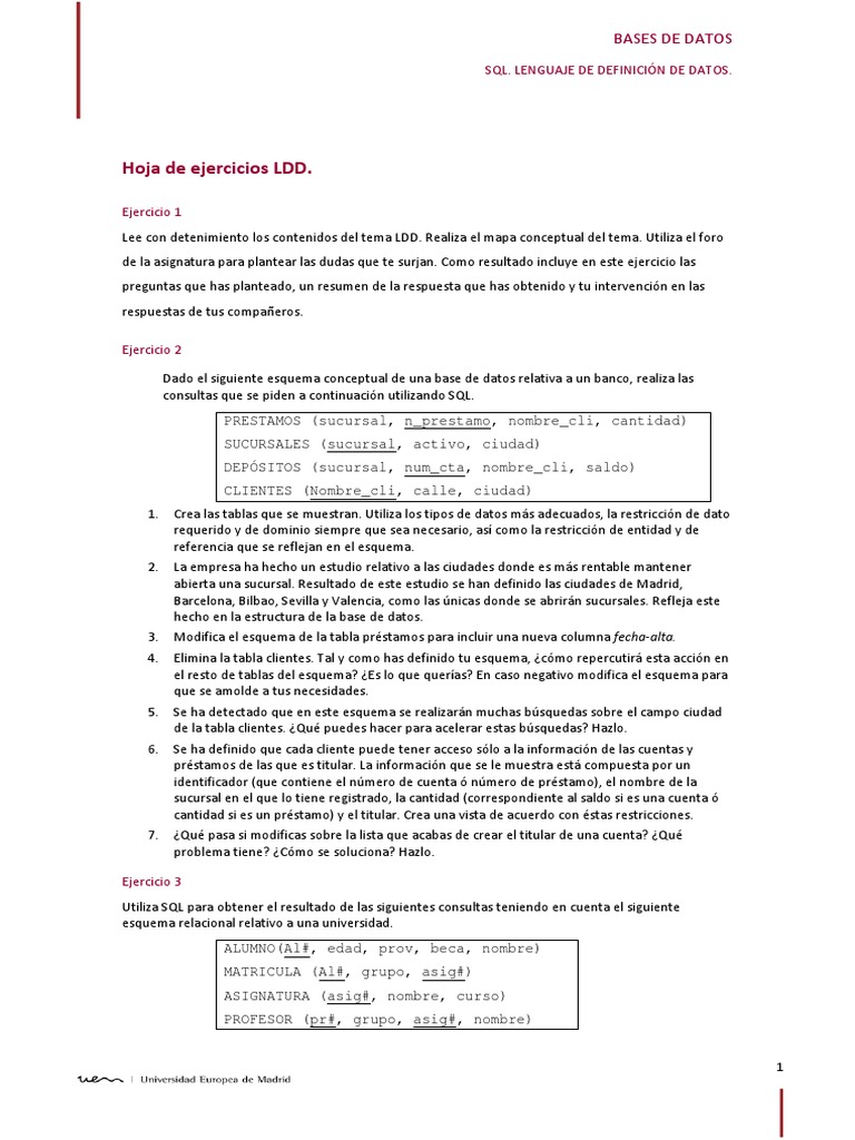 Ejercicios de SQL para Bases de Datos | PDF | SQL | Tabla (base de datos)