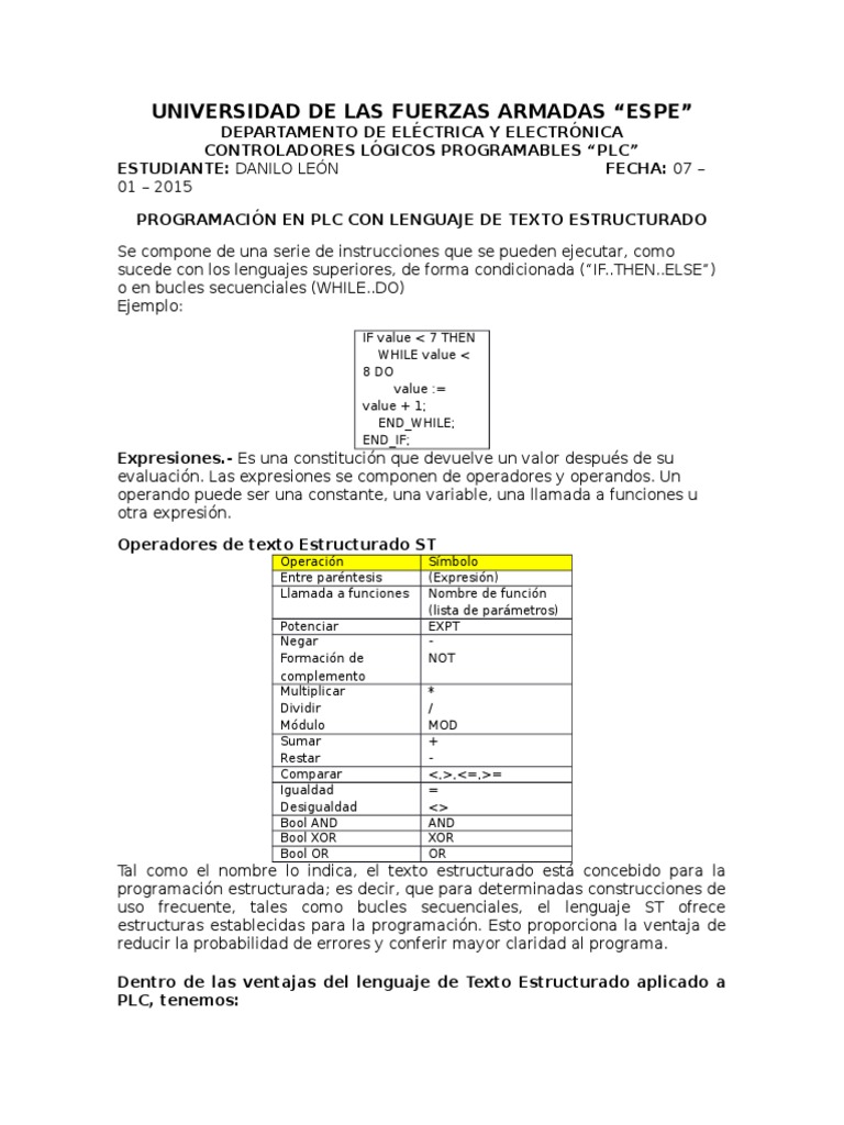 Programación En Plc Con Lenguaje De Texto Estructurado Pdf Lenguaje De Programación