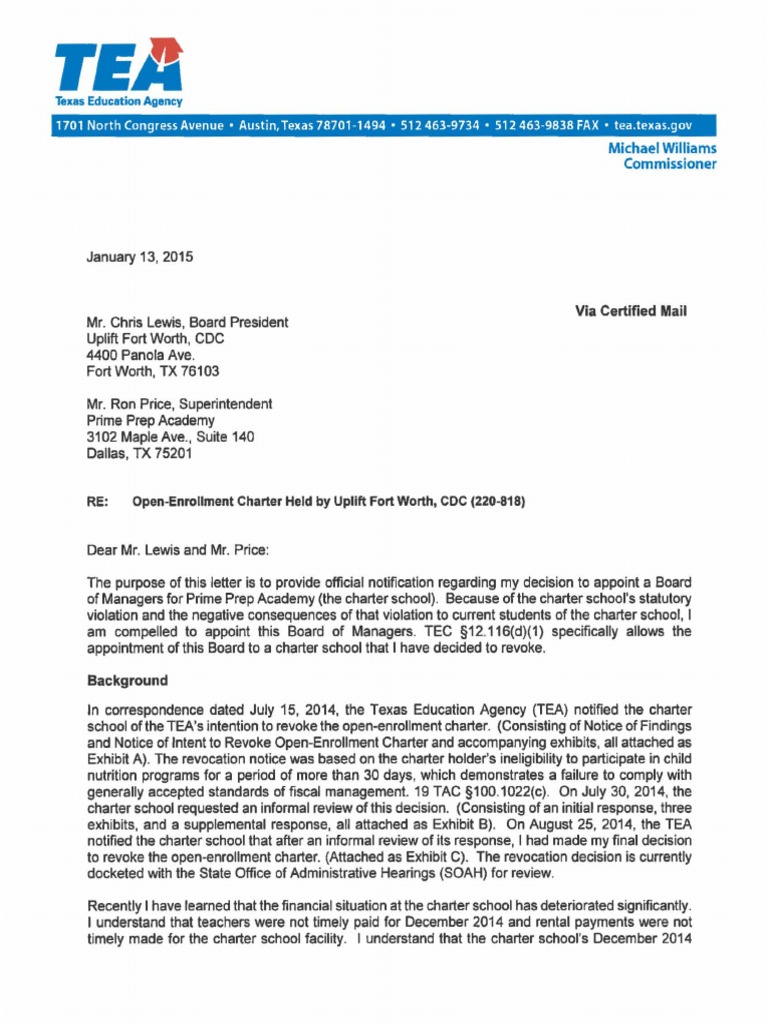 TEA letter to Prime Prep Academy | Administrative Law | Administrative ...