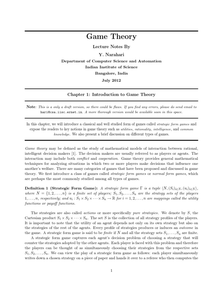Game Theory: Lecture Notes by Y. Narahari | PDF | Game Theory | Utility