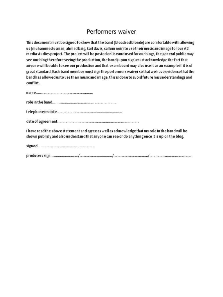 Performers Waiver for Media Project | PDF | Home & Garden | Art