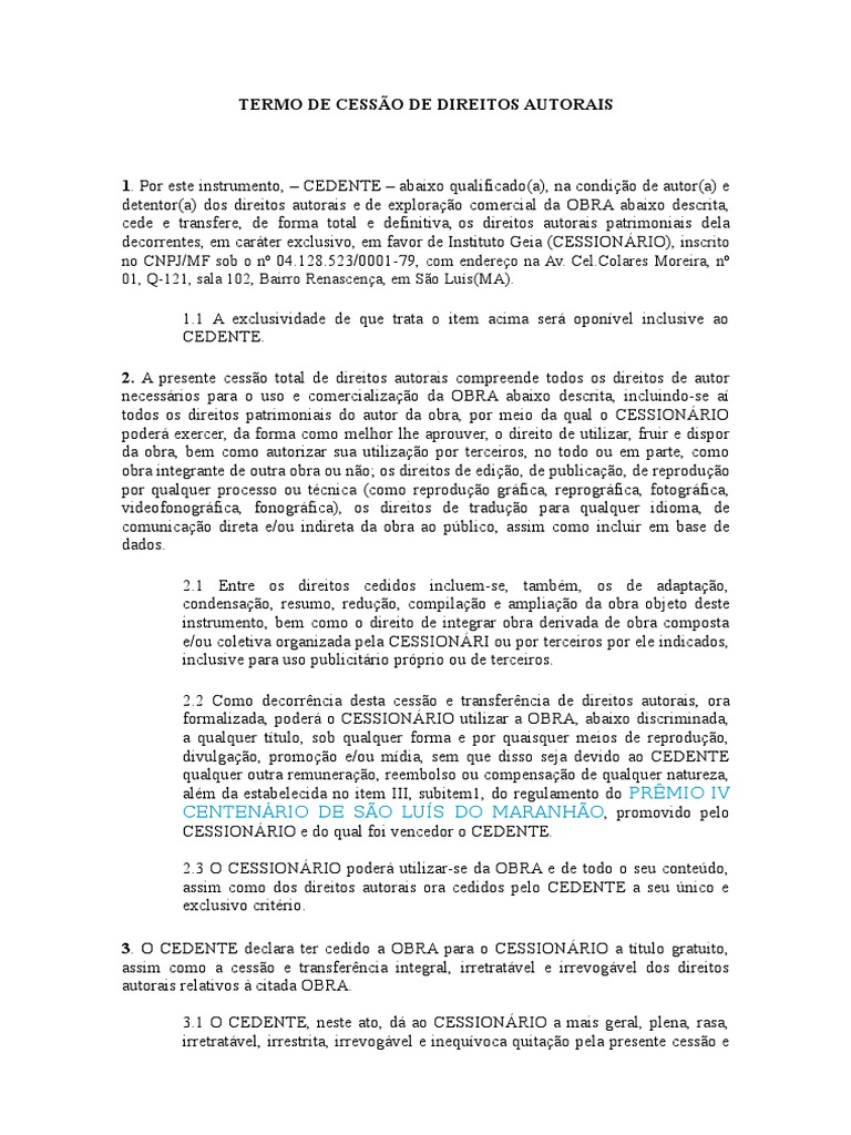 Modelo Termo De Cessao De Direitos Autorais Download Grátis Pdf