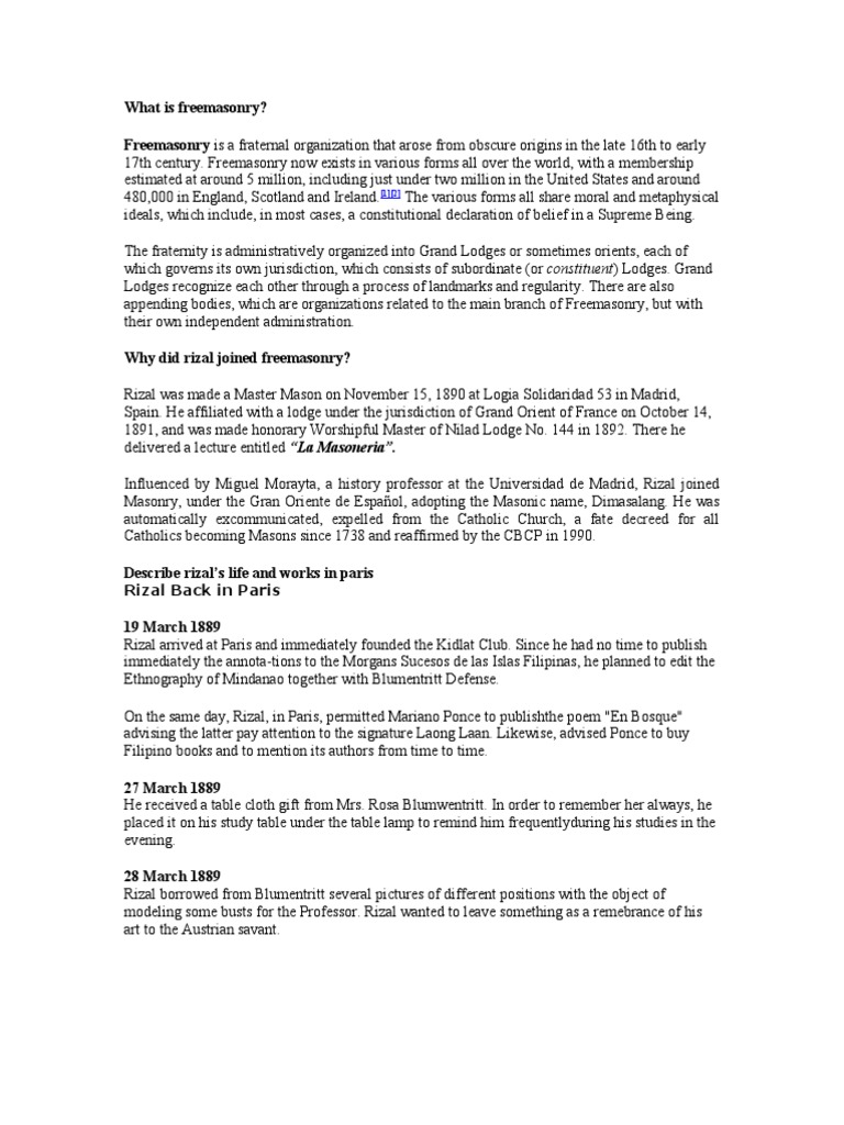 Jose Rizal As A Freemasonry | PDF | Freemasonry | Masonic Lodge