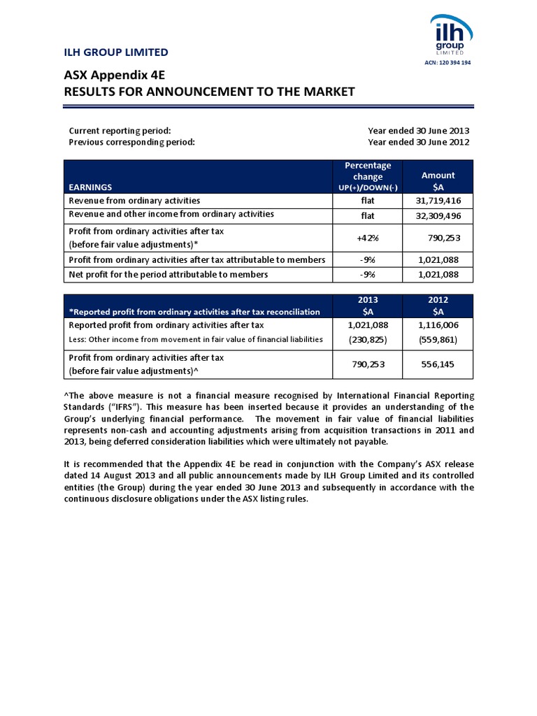 ASX Appendix 4E Results For Announcement To The Market: Ilh Group ...