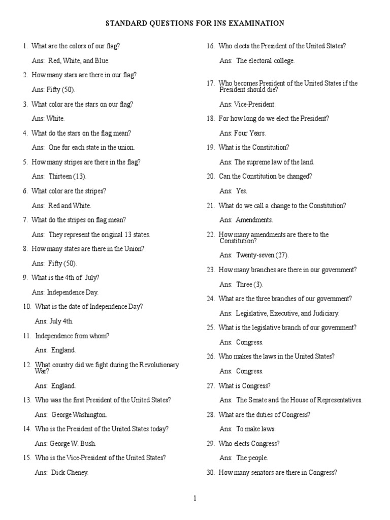 Standard Citizenship Questions | PDF | United States Bill Of Rights ...