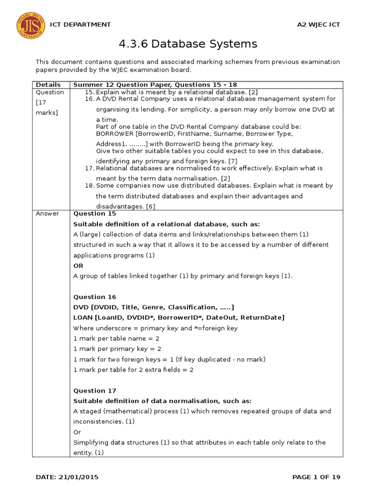 Database Systems - Questions and Mark Schemes | PDF | Databases | Relational Database