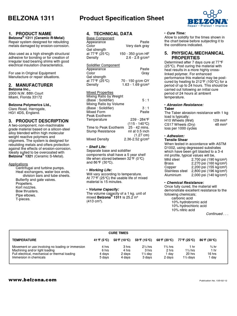 Belzona 1311 Original Specification Sheet | PDF | Acid | Wear
