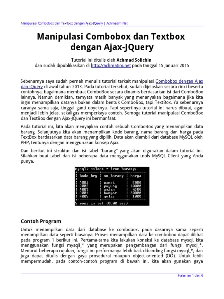 Manipulasi Combobox Dan Textbox Dengan Ajax JQuery | PDF