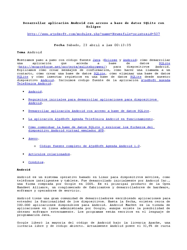 Desarrollar Aplicación Android Con Acceso A Base De Datos Sqlite Con Eclipse Pdf Android