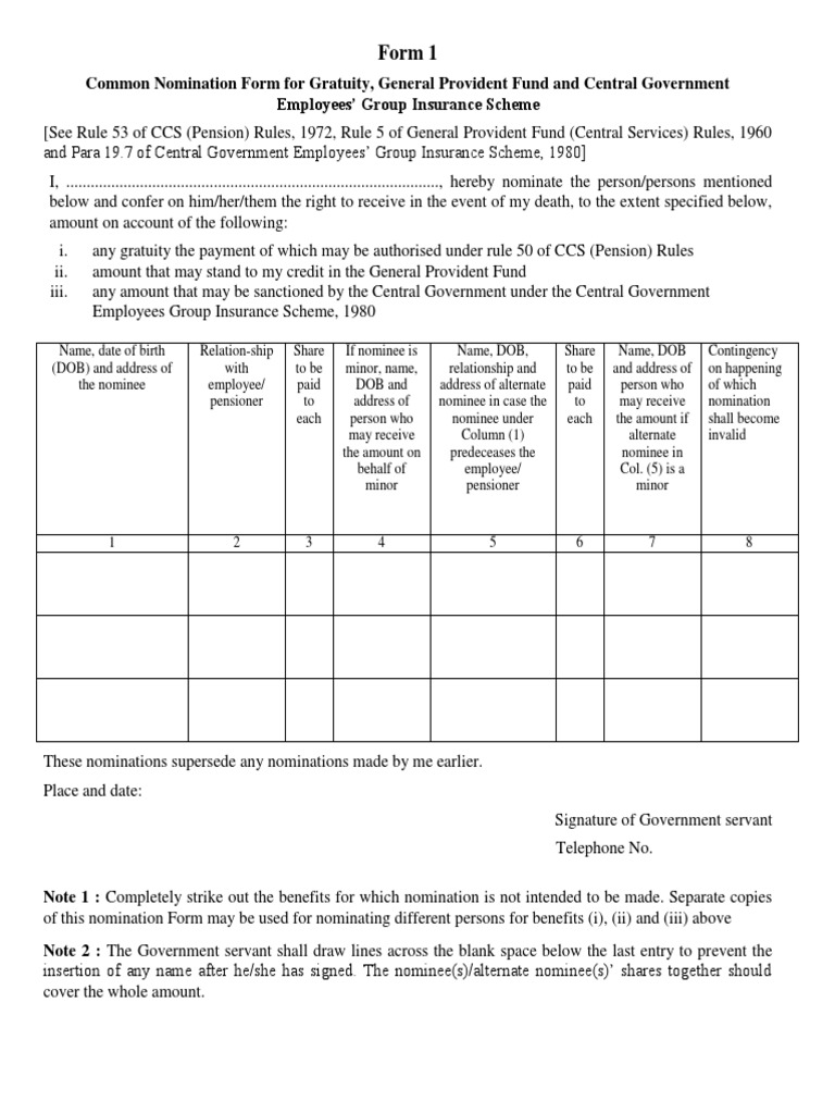 Nomination Form 1 | Pension | Financial Services