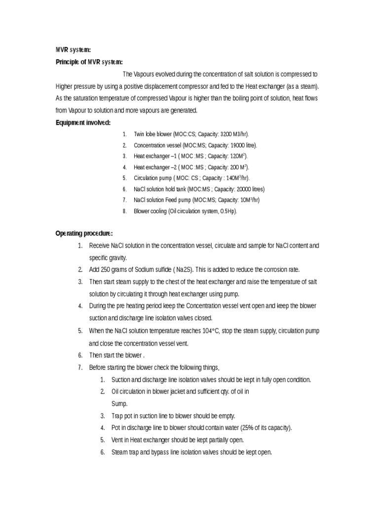 MVR System: Principle of MVR System | PDF | Pump | Sodium Chloride