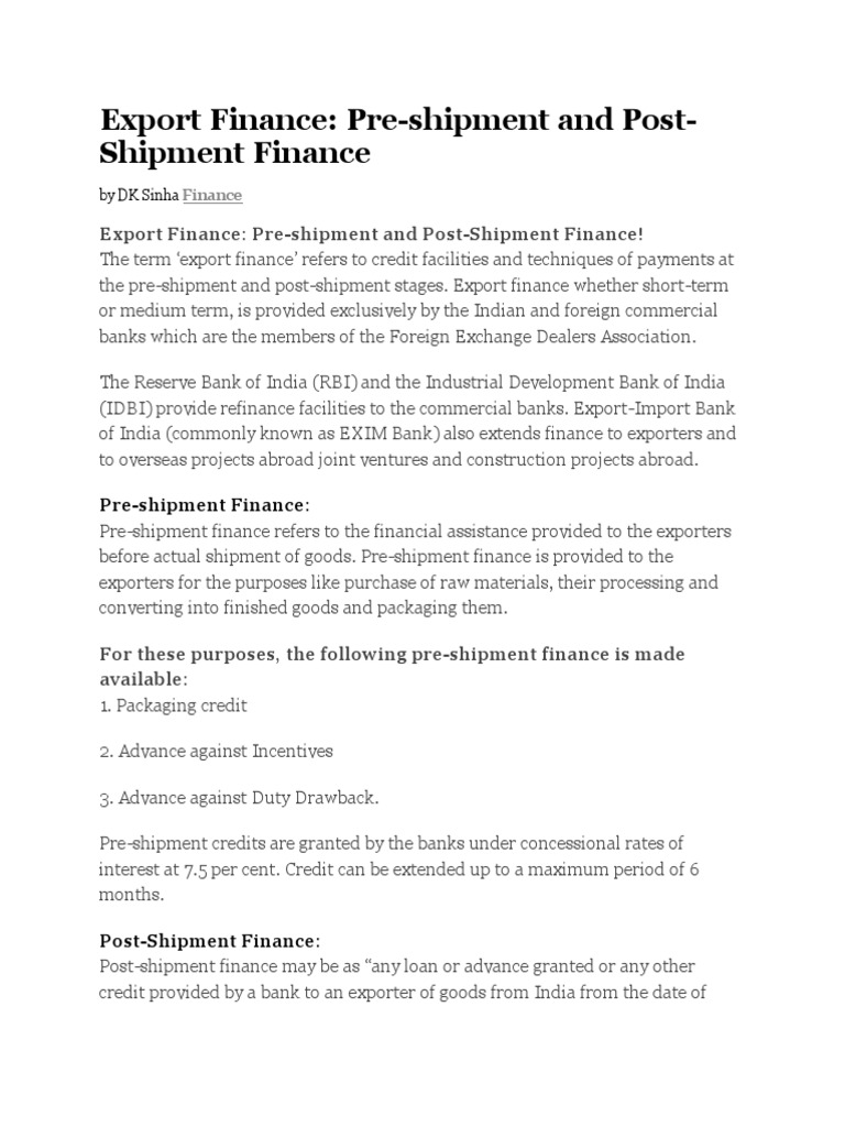 Export Finance Preshipment | PDF | Credit | Finance & Money Management
