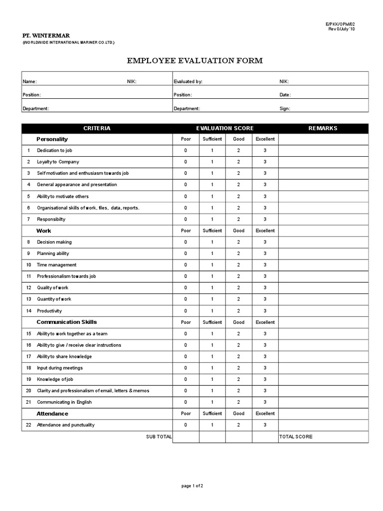 Employee Evaluation Form: Criteria Evaluation Score Remarks | PDF