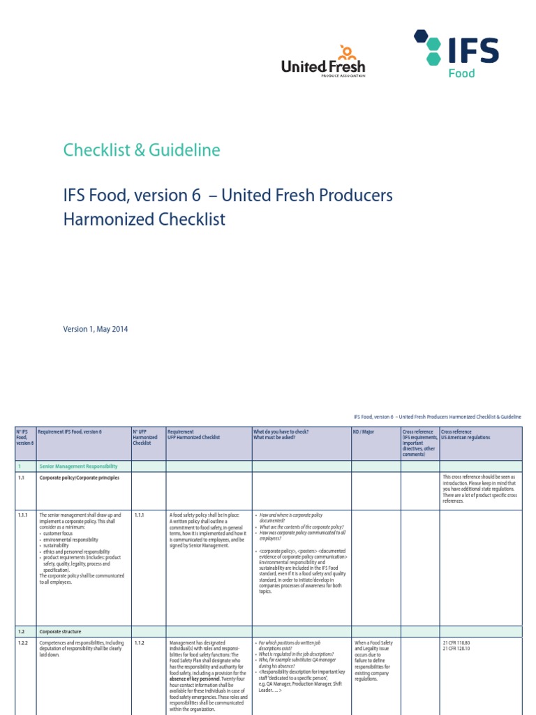 IFS Food Version 6 Audit Checklist | PDF | Hazard Analysis And Critical ...