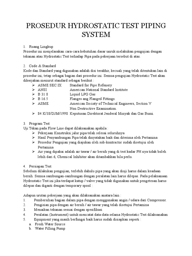 Prosedur Hydrostatic Test Piping System | PDF