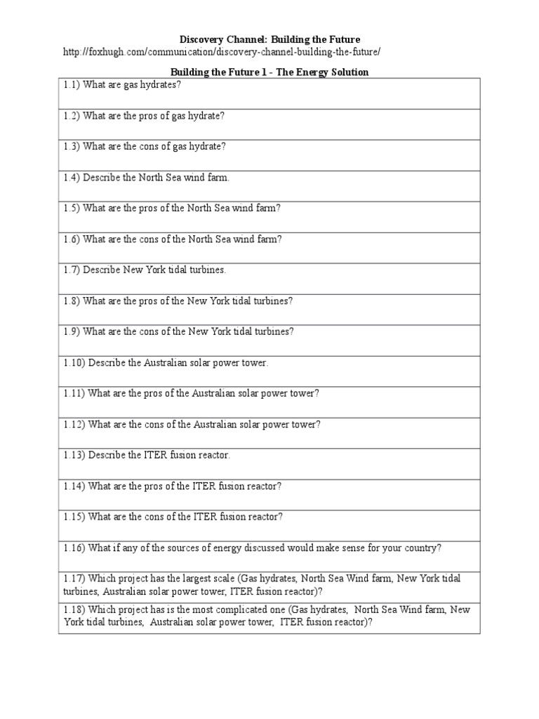 Discovery Channel Building The Future Worksheet | PDF | Wind Farm ...