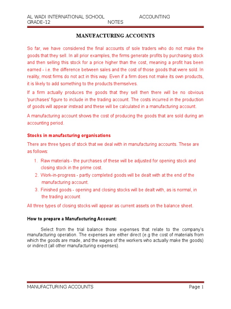 MANUFACTURING ACCOUNTS NOTES.doc | Debits And Credits | Cost Of Goods Sold
