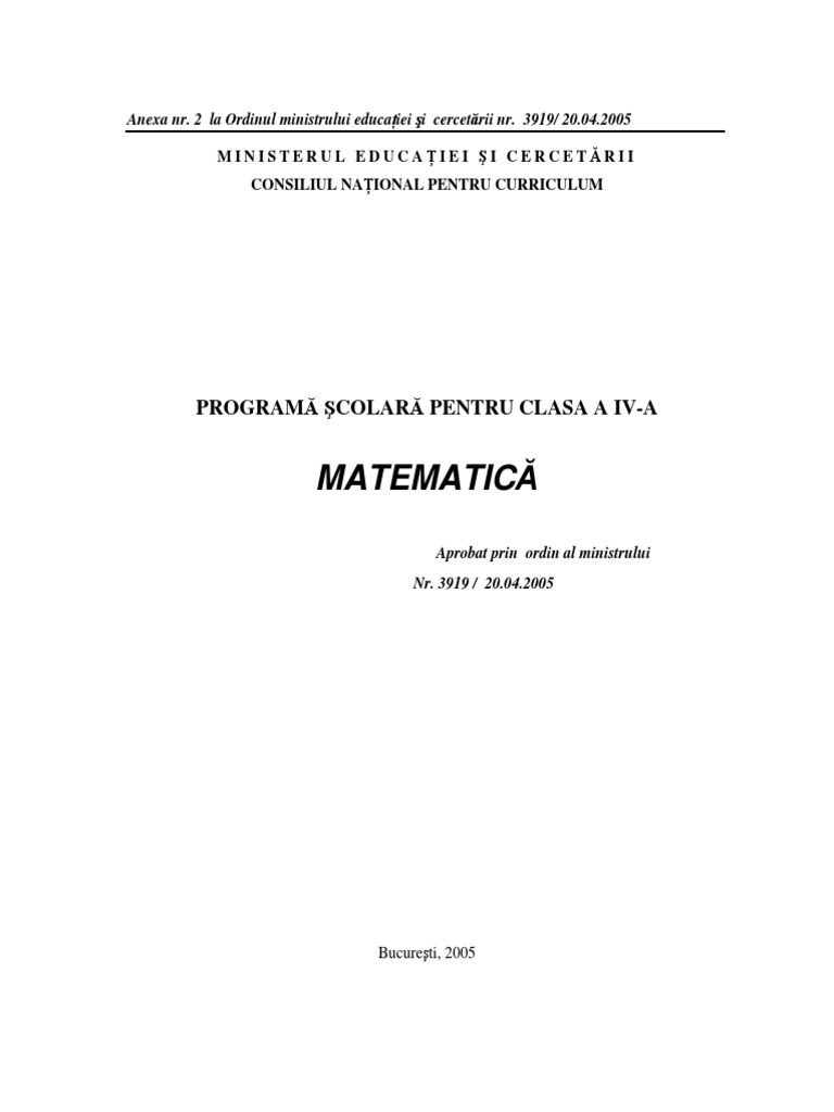 Programa Scolara Pentru Matematica Clasa - IV | PDF