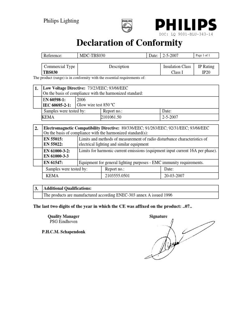 Declaration of Conformity: Philips Lighting | PDF | Electromagnetic ...