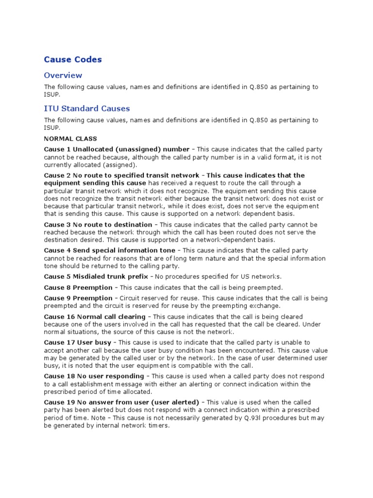 ITU ISUP Release Cause Codes | PDF | Parameter (Computer Programming ...