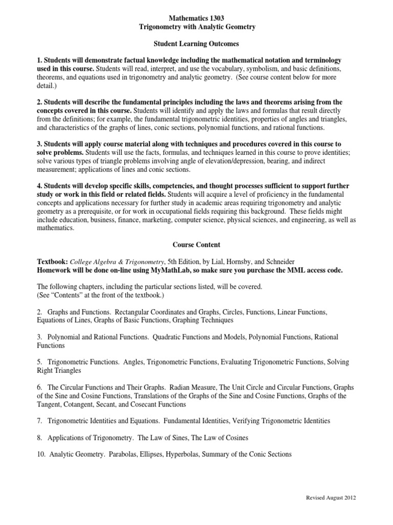 1303 Math Syllabus PDF | PDF | Trigonometric Functions | Trigonometry