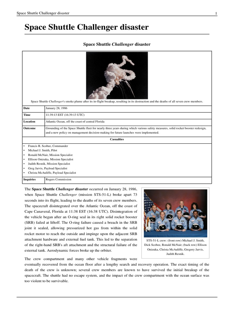 Challenger Disaster From Wikipedia (C) | PDF | Space Shuttle Challenger ...