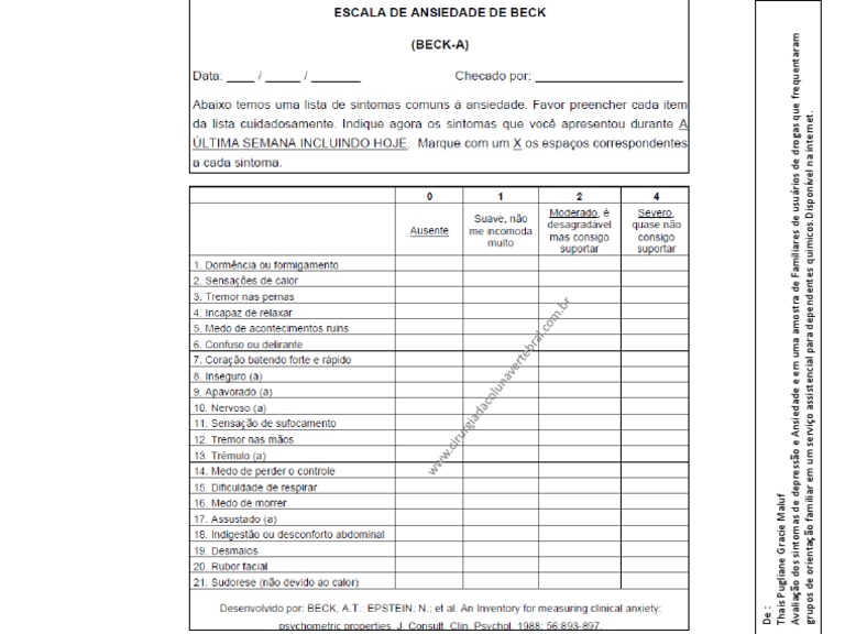 Escala de Ansiedade de Beck | PDF | Diagnóstico psiquiátrico | Sistema nervoso