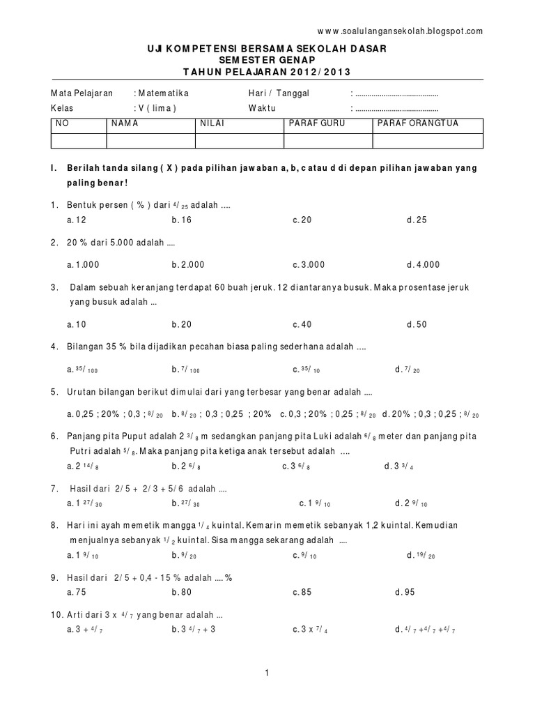 Soal Uts Kelas 5 Matematika Semester 1 - Perumperindo.co.id